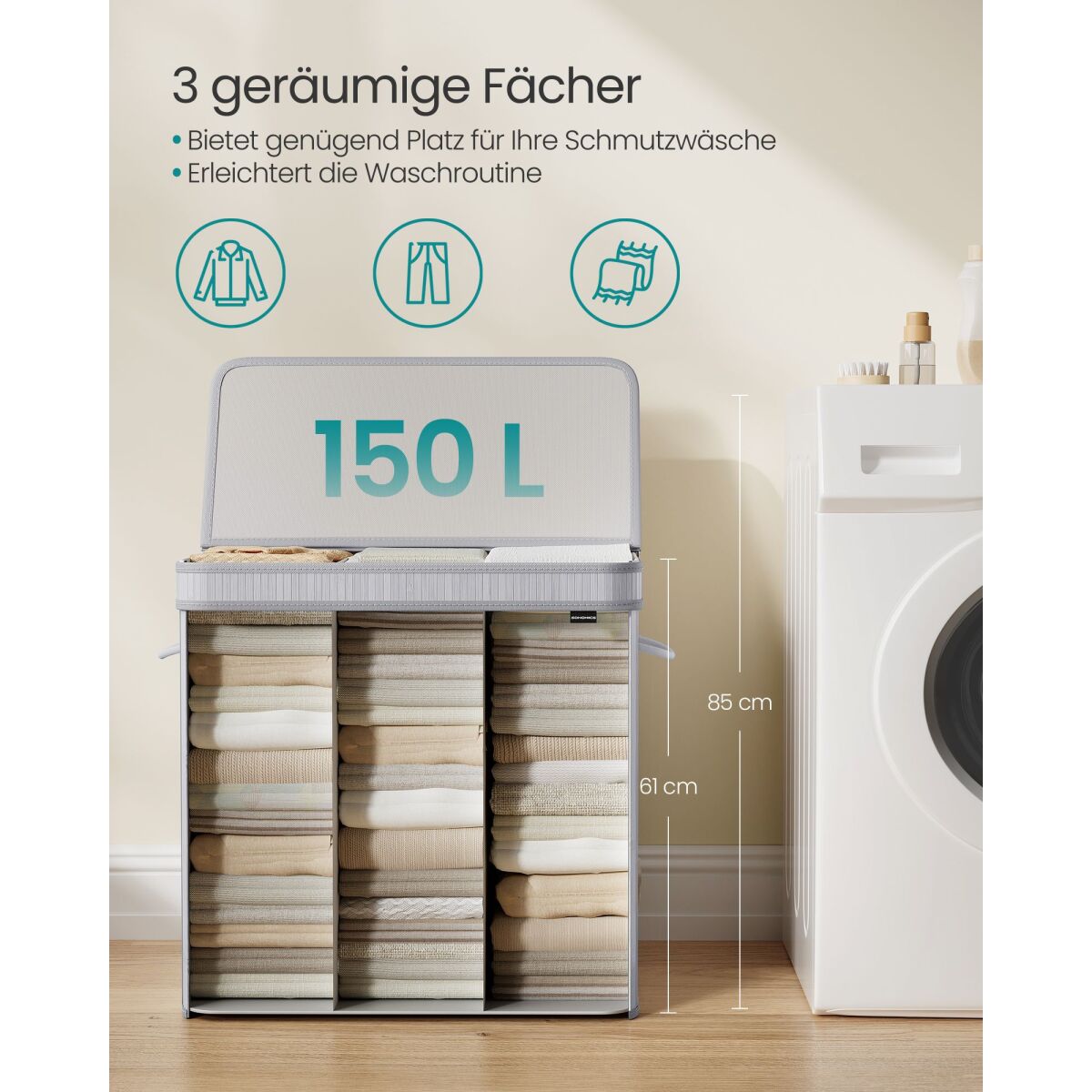 Bambusest pesukorv kaanega 150 liitrit tuvi hall - LuigeMööbel