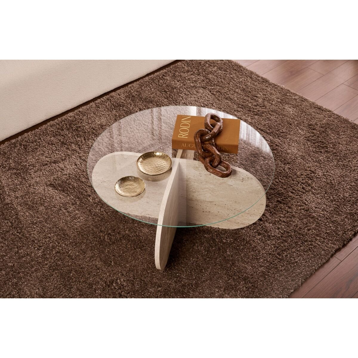 Aeris Coffee Table Travertine & Glass, 75x35cm - LuigeMööbel