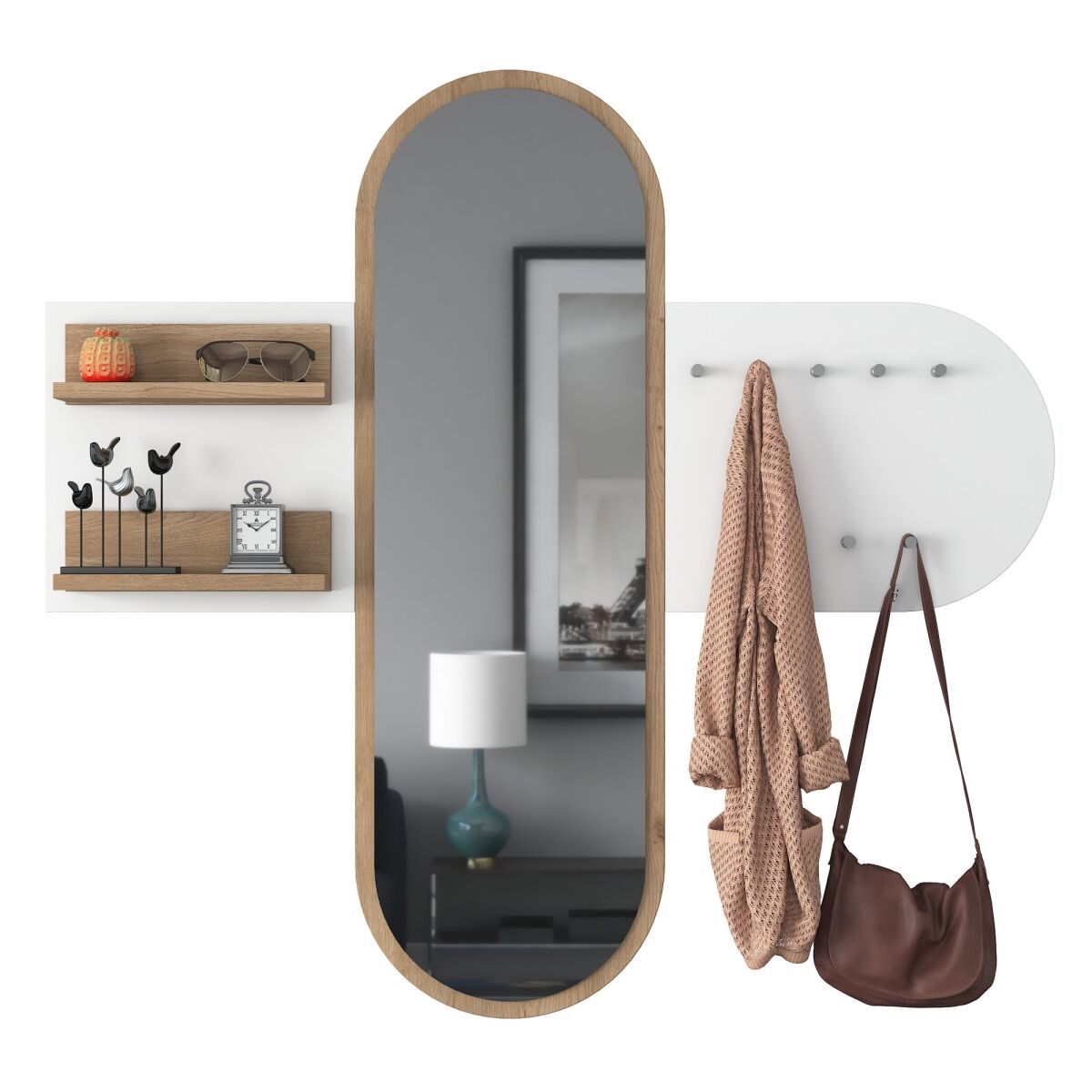 Modern Hall Stand White & Walnut, Wall-Mountable - LuigeMööbel