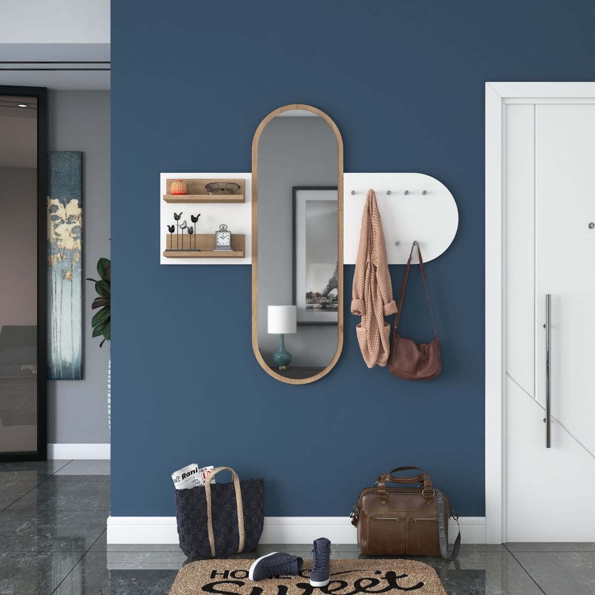 Modern Hall Stand White & Walnut, Wall-Mountable - LuigeMööbel